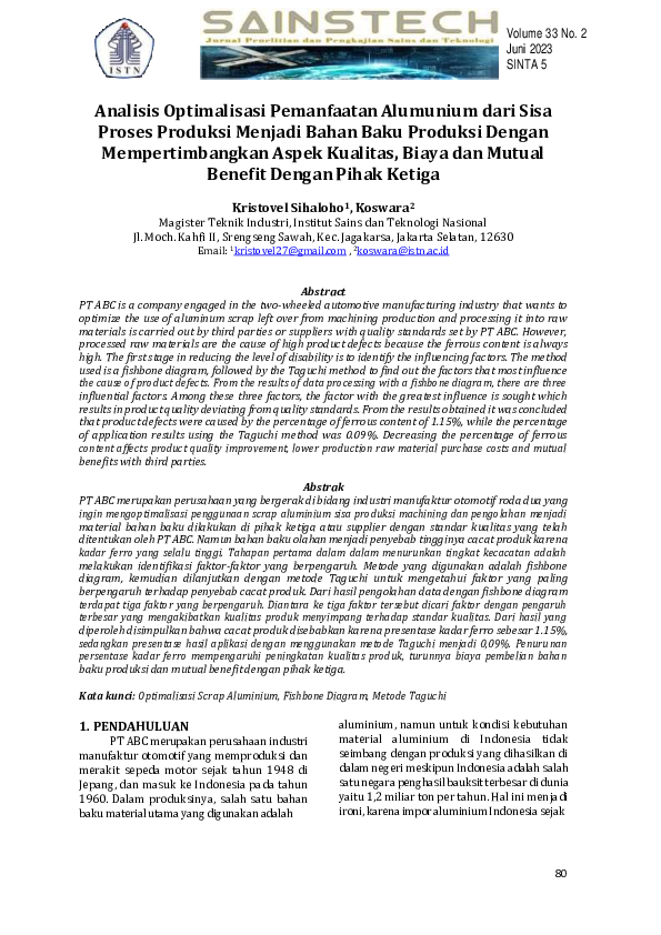 (PDF) Analisis Optimalisasi Pemanfaatan Alumunium dari Sisa Proses Produksi Menjadi Bahan Baku ...