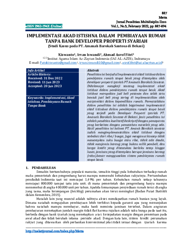 (PDF) Implementasi Akad Istishna Dalam Pembiayaan Rumah Tanpa Bank Developer Properti Syariah