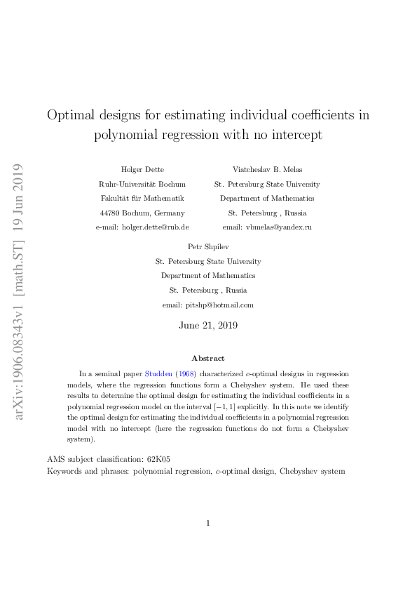 (PDF) Optimal designs for estimating individual coefficients in polynomial regression with no ...
