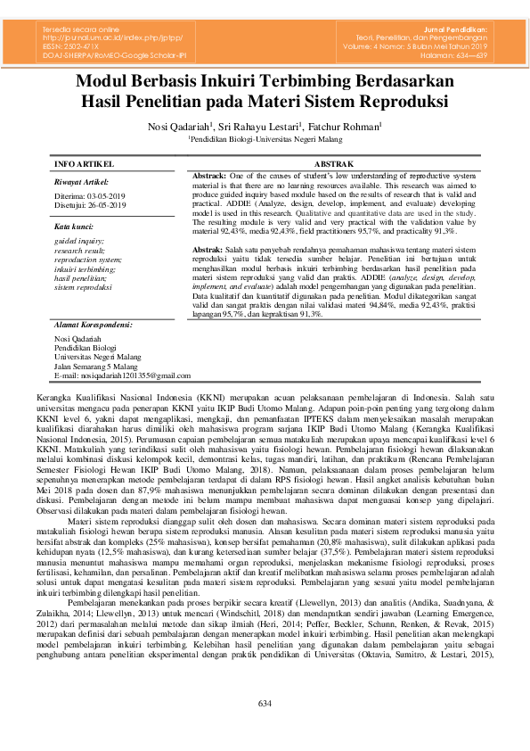 (PDF) Modul Berbasis Inkuiri Terbimbing Berdasarkan Hasil Penelitian pada Materi Sistem Reproduksi