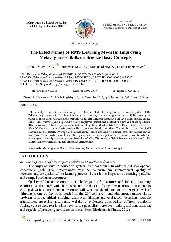 (PDF) The Effectiveness of RMS Learning Model in Improving Metacognitive Skills on Science Basic ...