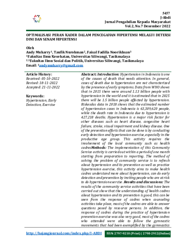(PDF) Optimalisasi Peran Kader Dalam Pencegahan Hipertensi Melalui Deteksi Dini Dan Senam ...