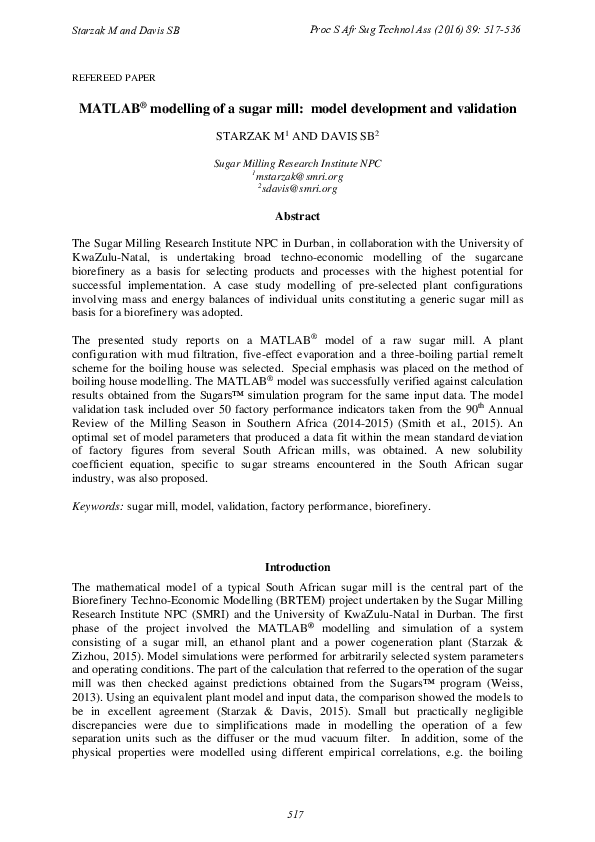(PDF) MATLAB® modelling of a sugar mill: model development and validation