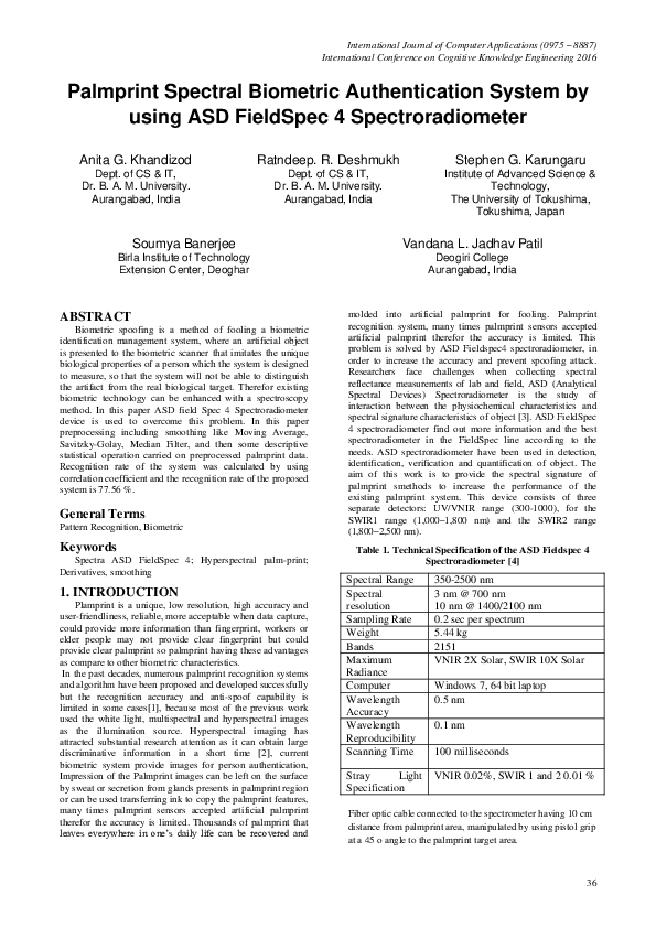 (PDF) Palmprint Spectral Biometric Authentication System by using ASD FieldSpec 4 Spectroradiometer