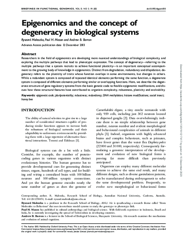 (PDF) Epigenomics and the concept of degeneracy in biological systems