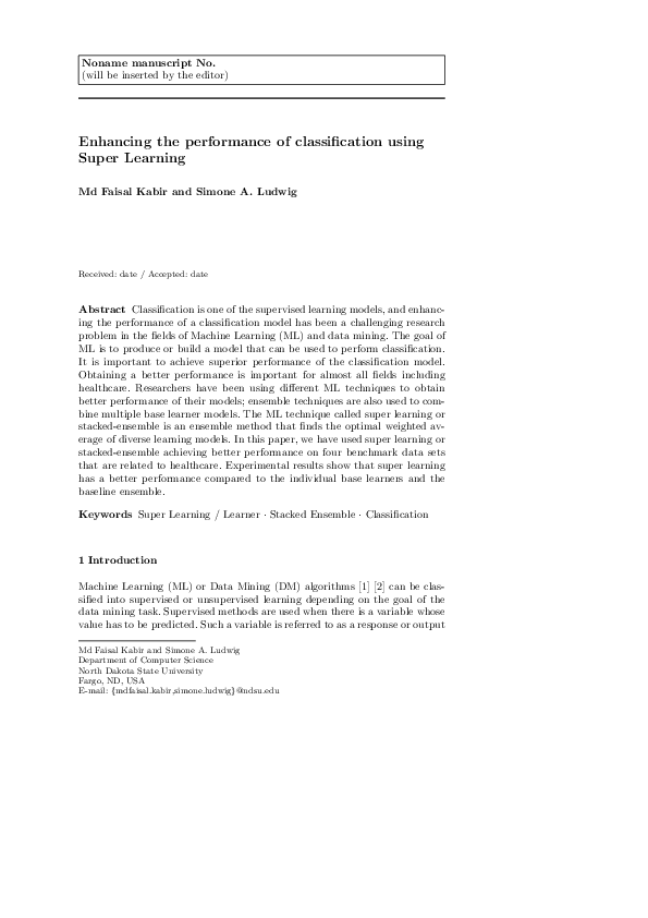 (PDF) Enhancing the Performance of Classification Using Super Learning (PDF) Enhancing the Performance of Classification Using Super Learning