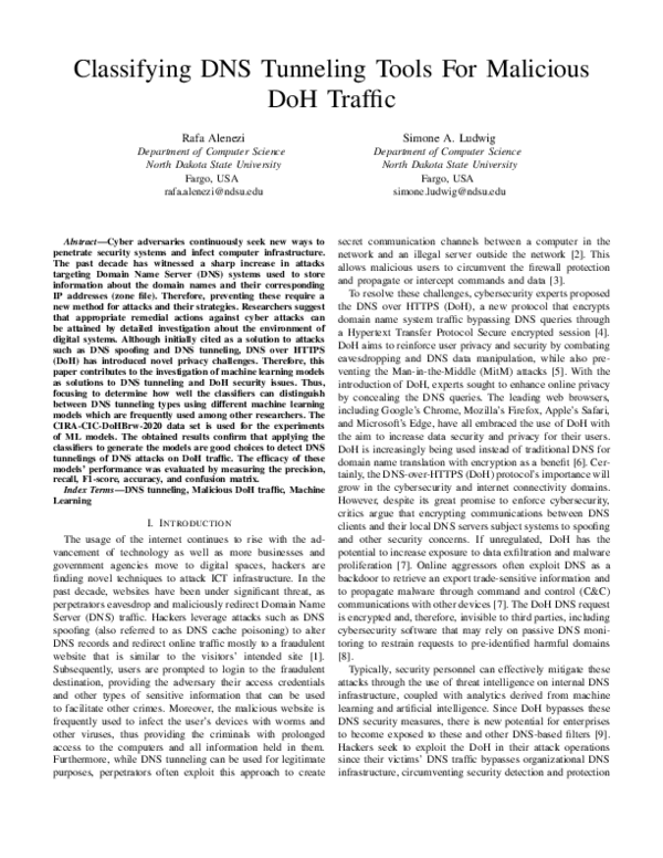 Pdf Classifying Dns Tunneling Tools For Malicious Doh Traffic Simone Ludwig