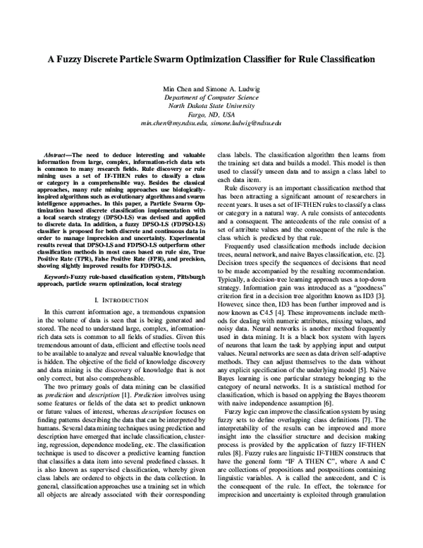 Pdf A Fuzzy Discrete Particle Swarm Optimization Classifier For Rule Classification