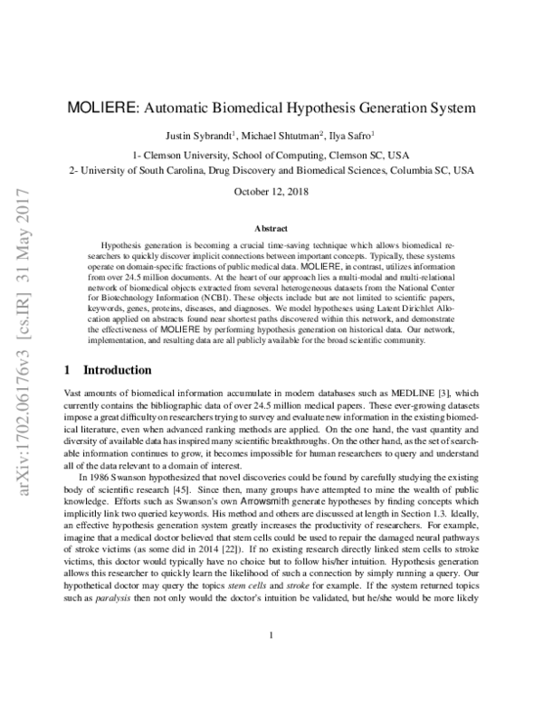 (PDF) MOLIERE: Automatic Biomedical Hypothesis Generation System