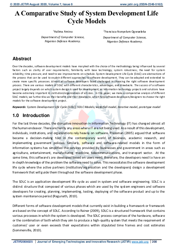 (PDF) A Comparative study of System Development Life Cycle Models