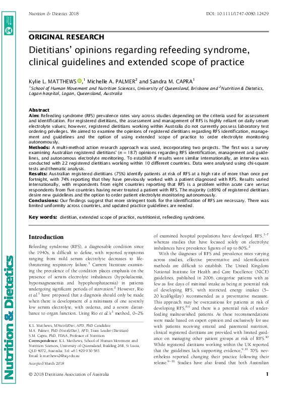 (PDF) Dietitians’ opinions regarding refeeding syndrome, clinical ...