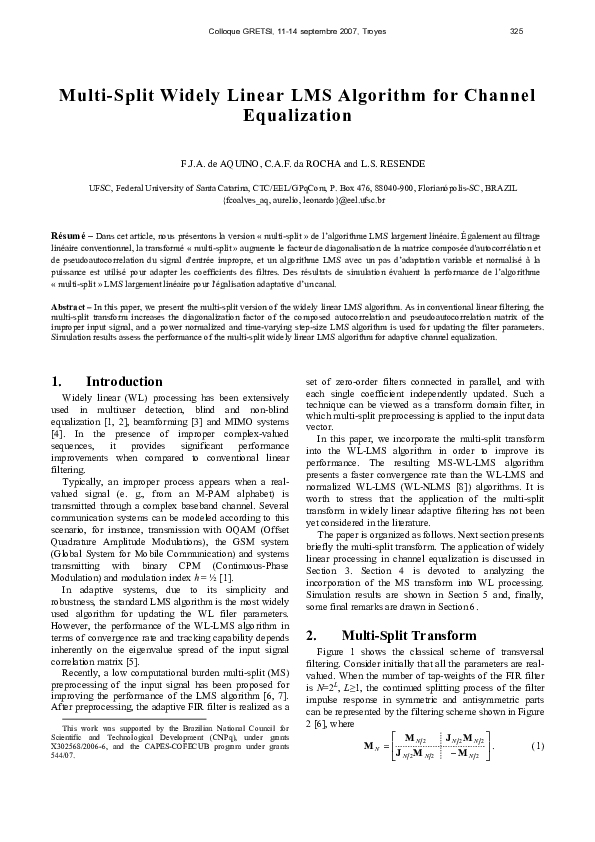 (PDF) Multi-Split Widely Linear LMS Algorithm for Channel Equalization
