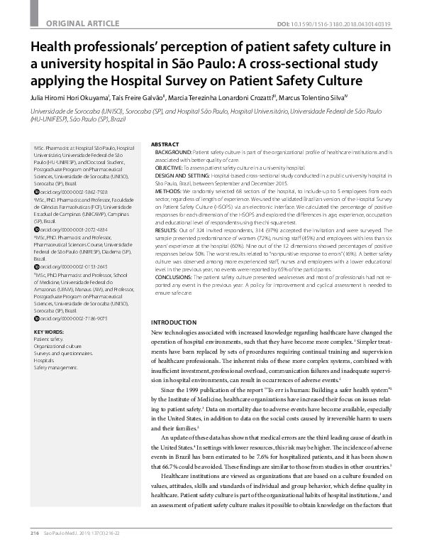 (PDF) Health professionals’ perception of patient safety culture in a university hospital in São ...