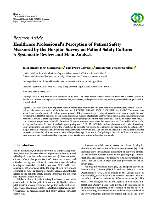 (PDF) Healthcare Professional’s Perception of Patient Safety Measured by the Hospital Survey on ...