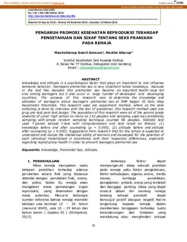 (PDF) Pengaruh Promosi Kesehatan Reproduksi Terhadap Pengetahuan Dan Sikap Tentang Seks Pranikah ...