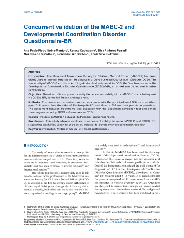 (PDF) Concurrent validation of the MABC-2 and Developmental Coordination Disorder Questionnaire-BR