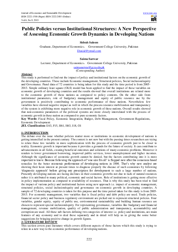 (PDF) Public Policies versus Institutional Structures: A New Perspective of Assessing Economic ...