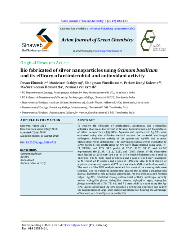 (PDF) Bio fabricated of silver nanoparticles using Ocimum basilicum and its efficacy of ...