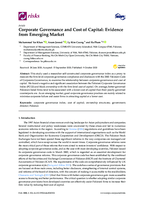 (PDF) Corporate Governance and Cost of Capital: Evidence from Emerging Market