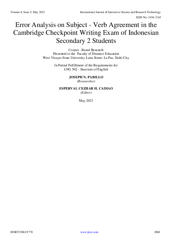 (PDF) Error Analysis on Subject - Verb Agreement in the Cambridge ...