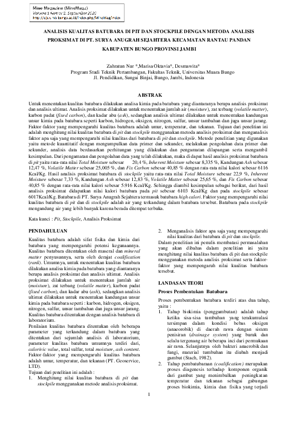 (PDF) Analisis Kualitas Batubara DI Pit Dan Stockpile Dengan Metoda ...