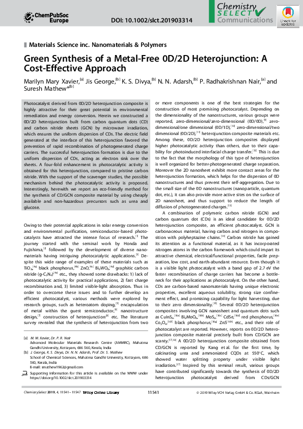 (PDF) Green Synthesis of a Metal‐Free 0D/2D Heterojunction: A Cost ...
