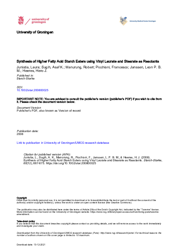 (PDF) Synthesis of Higher Fatty Acid Starch Esters using Vinyl Laurate ...