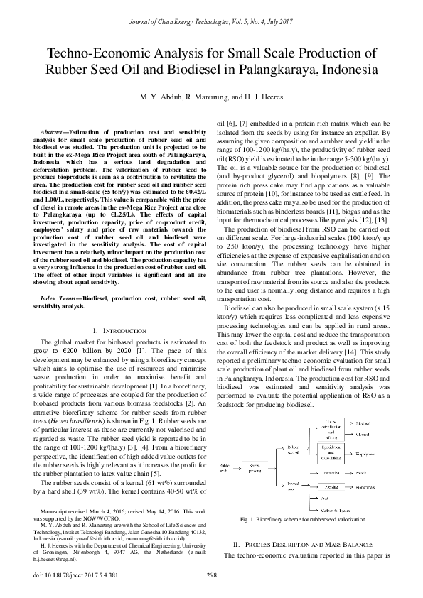 (PDF) Techno-Economic Analysis for Small Scale Production of Rubber Seed Oil and Biodiesel in ...