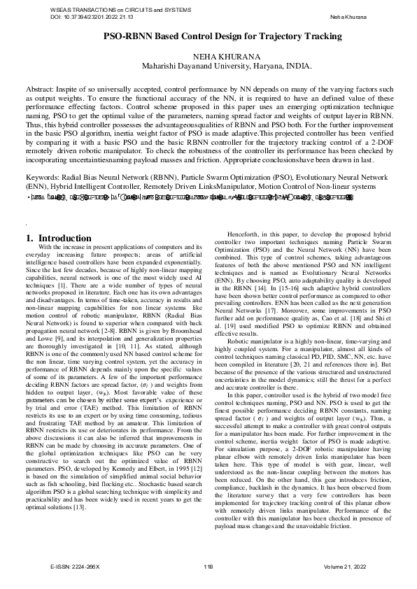 (PDF) PSO-RBNN Based Control Design for Trajectory Tracking | Jyoti Ohri - Academia.edu