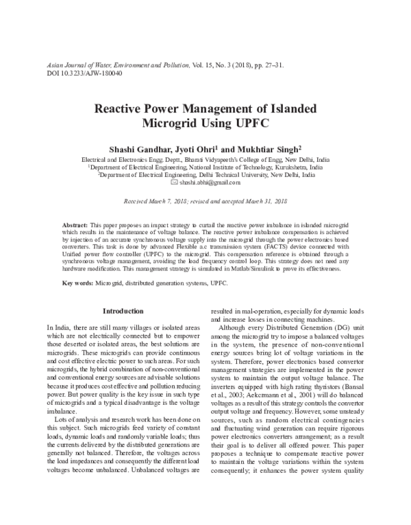 (PDF) Reactive Power Management of Islanded Microgrid Using UPFC