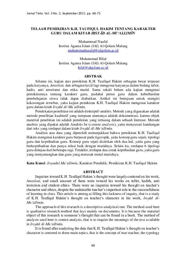 (PDF) Telaah Pemikiran K.H. Taufiqul Hakim Tentang Karakter Guru dalam ...