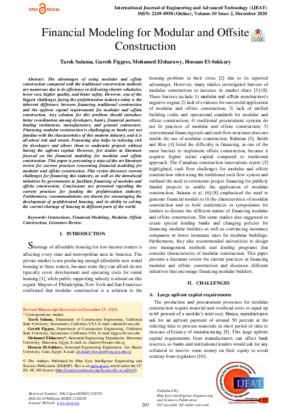 (PDF) Financial Modeling for Modular and Offsite Construction