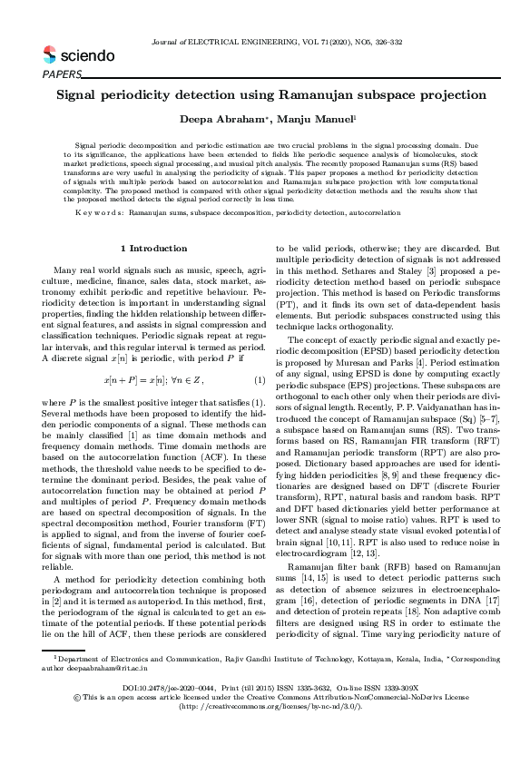(PDF) Signal periodicity detection using Ramanujan subspace projection (PDF) Signal periodicity detection using Ramanujan subspace projection