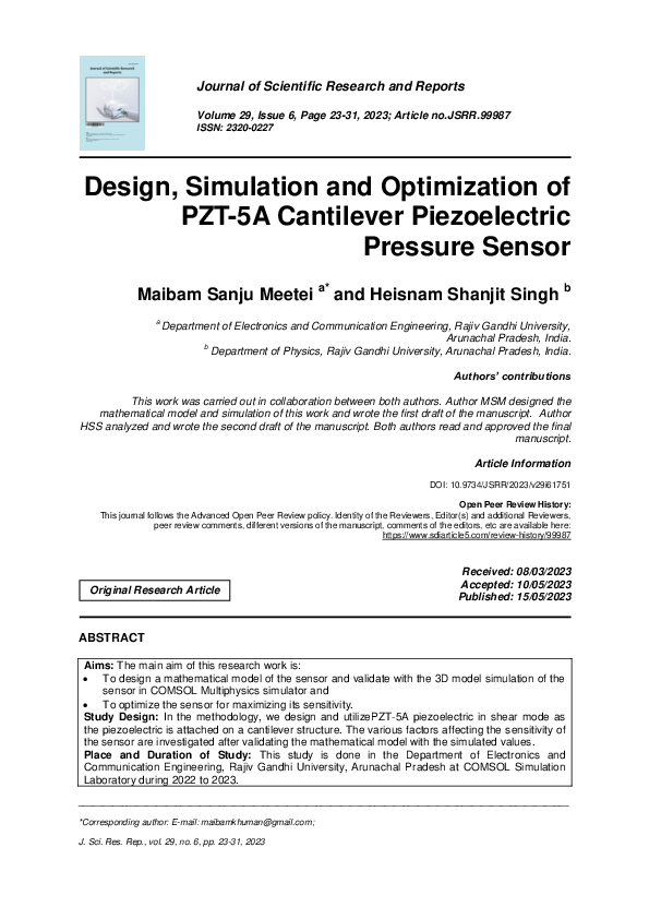 (PDF) Design, Simulation and Optimization of PZT-5A Cantilever Piezoelectric Pressure Sensor