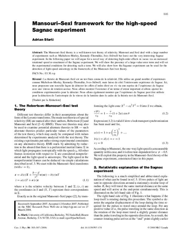 (PDF) Mansouri–Sexl framework for the high-speed Sagnac experiment