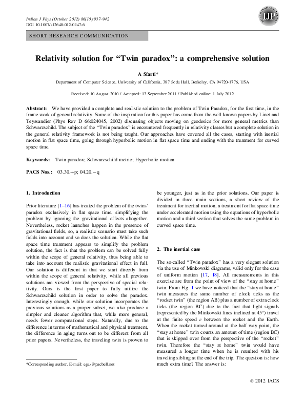 (PDF) Relativity solution for “Twin paradox”: a comprehensive solution