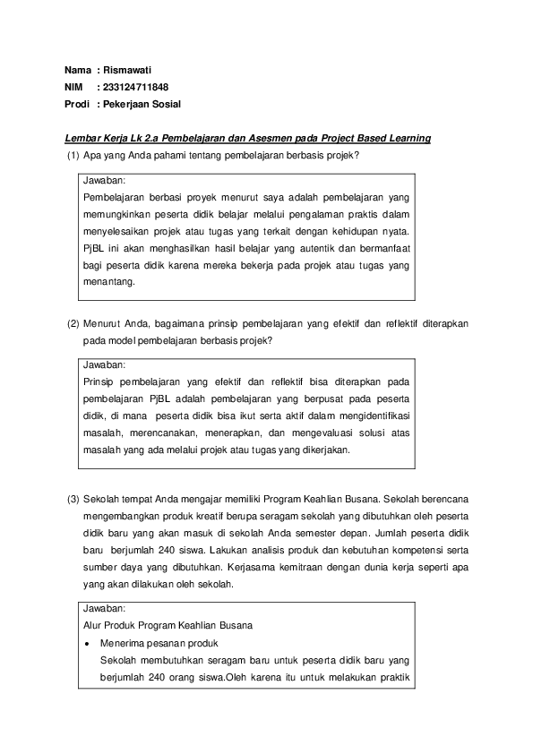 (PDF) T2. Lembar Kerja Lk 2.a Pembelajaran dan Asesmen pada Project Based Learning