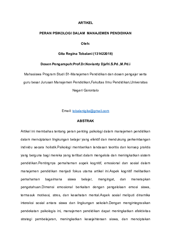 (DOC) Artikel Peran psikologi dalam manajemen pendidikan (DOC) Artikel Peran psikologi dalam manajemen pendidikan