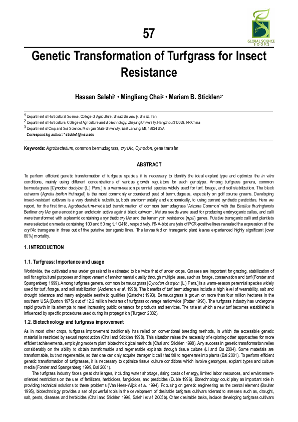 (PDF) Genetic Transformation of Turfgrass for Insect Resistance
