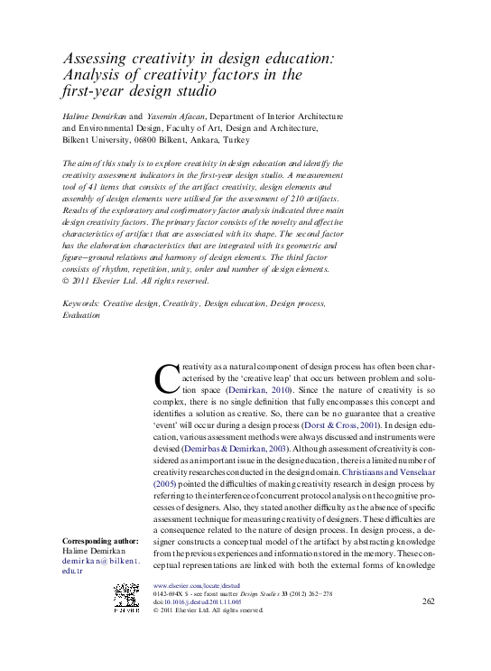 (PDF) Assessing creativity in design education: Analysis of creativity ...