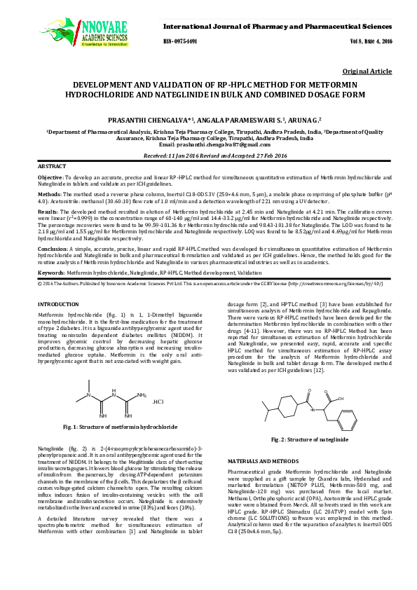 Pdf Development And Validation Of Rp Hplc Method For Metformin Hydrochloride And Nateglinide