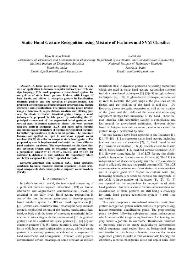 (PDF) Static Hand Gesture Recognition Using Mixture of Features and SVM Classifier