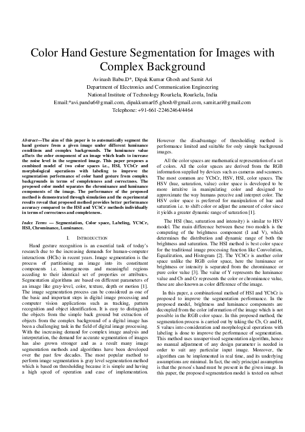 (PDF) Color hand gesture segmentation for images with complex background