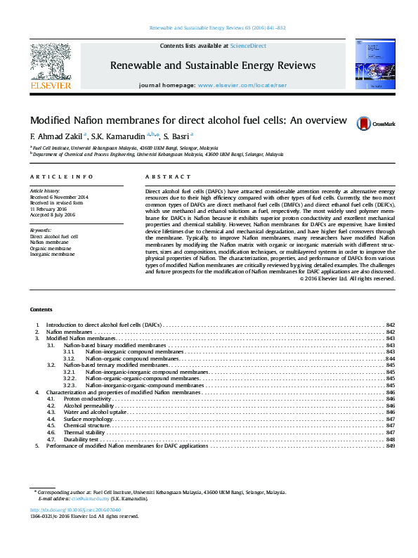 (PDF) Modified Nafion membranes for direct alcohol fuel cells: An overview