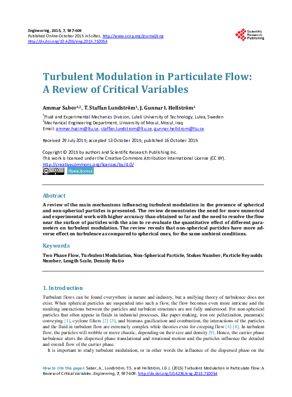 (PDF) Turbulent Modulation in Particulate Flow: A Review of Critical Variables