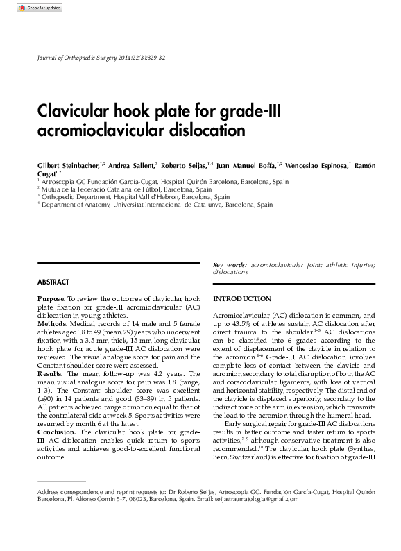 (PDF) Clavicular Hook Plate for Grade-III Acromioclavicular Dislocation