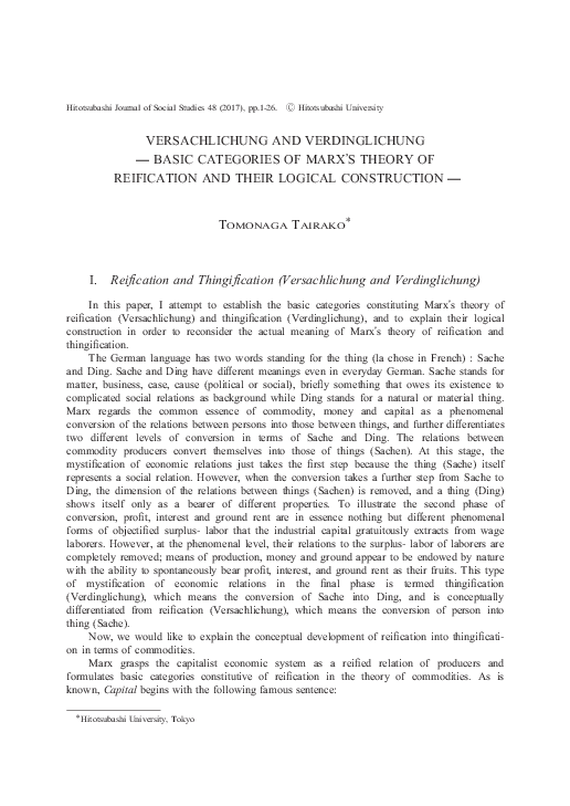 (PDF) Versachlichung and Verdinglichung: Basic Categories of Marx's ...