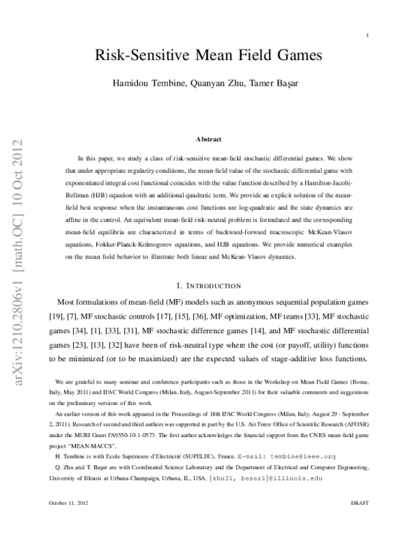 (PDF) Risk-Sensitive Mean Field Games