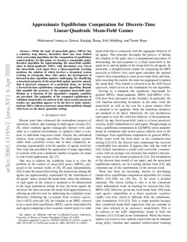 (PDF) Approximate Equilibrium Computation for Discrete-Time Linear-Quadratic Mean-Field Games