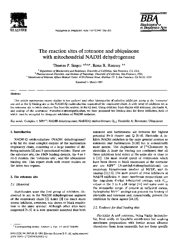 (PDF) The reaction sites of rotenone and ubiquinone with mitochondrial ...